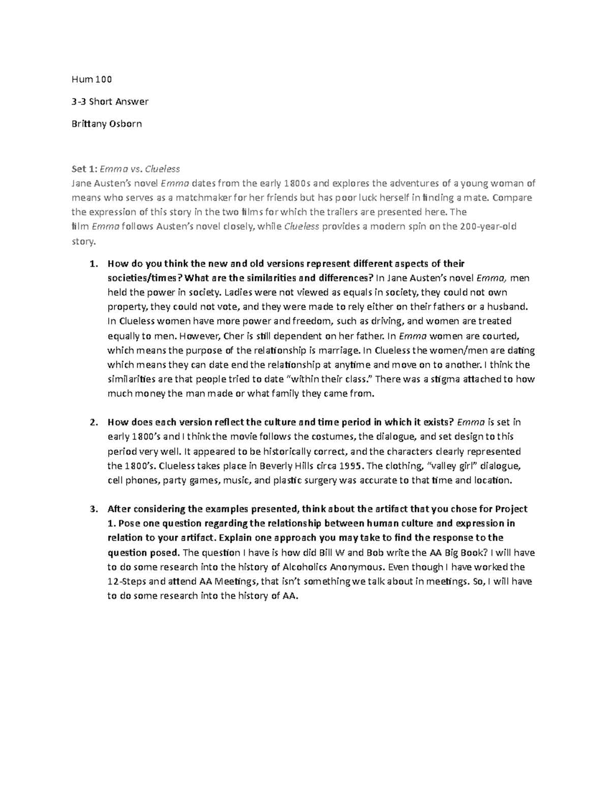 Hum 100 3-3 Short Answers - Hum 100 Short Answer Brittany Osborn Set 1 ...