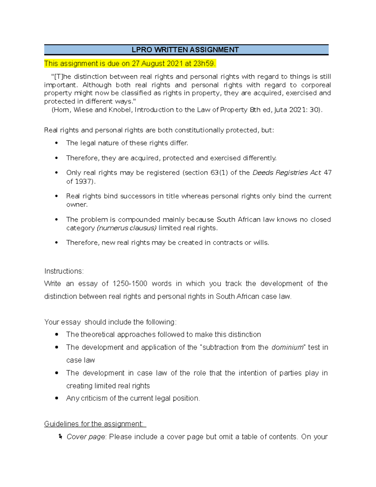 A distinction between real rights and personal rights - LPRO WRITTEN ...