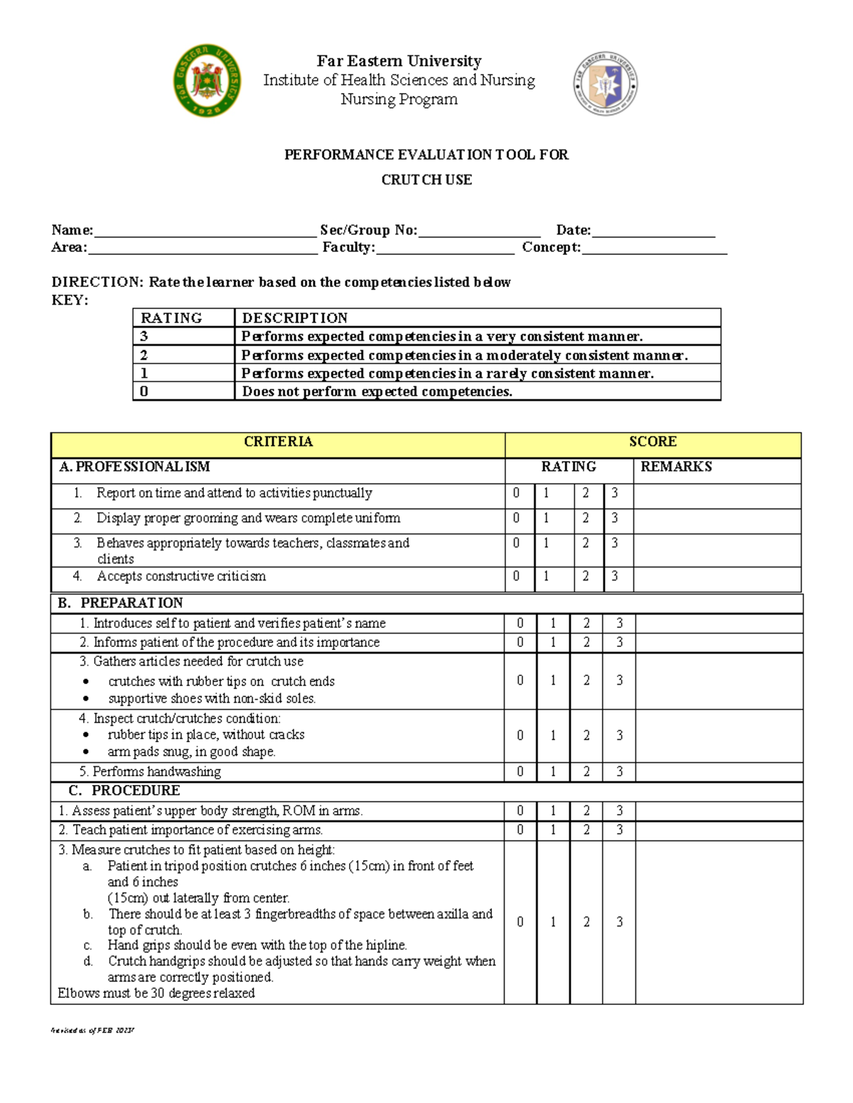 Crutch Use Skills Checklist 2023 - /revised as of FEB 2023 / Far ...