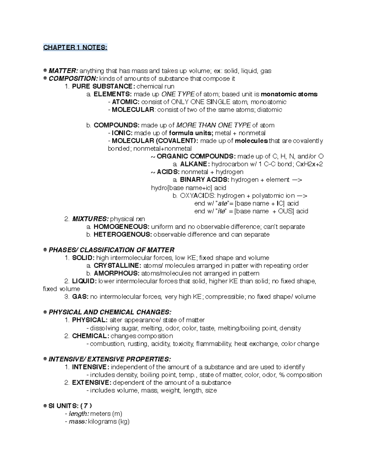 CHEM EXAM 1 Study Guide - lecture notes on Ch 1-3 - CHAPTER 1 NOTES ...