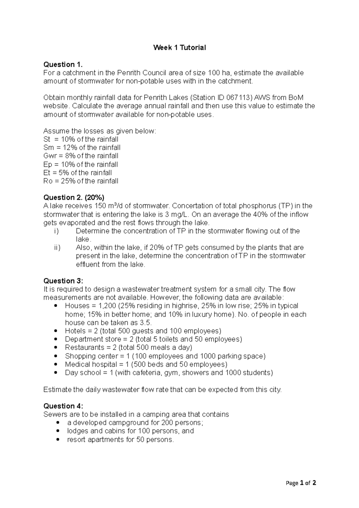 Week 1 Tutorial Questions - For a catchment in the Penrith Council area of size 100 ha, estimate ...