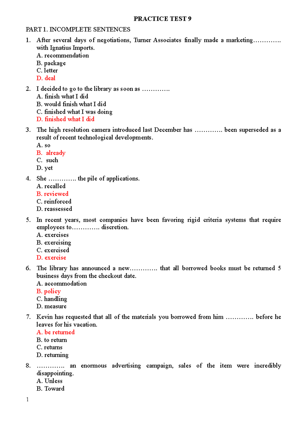 Practice TEST 9 1 - PRACTICE TEST 9 PART 1. INCOMPLETE SENTENCES After ...