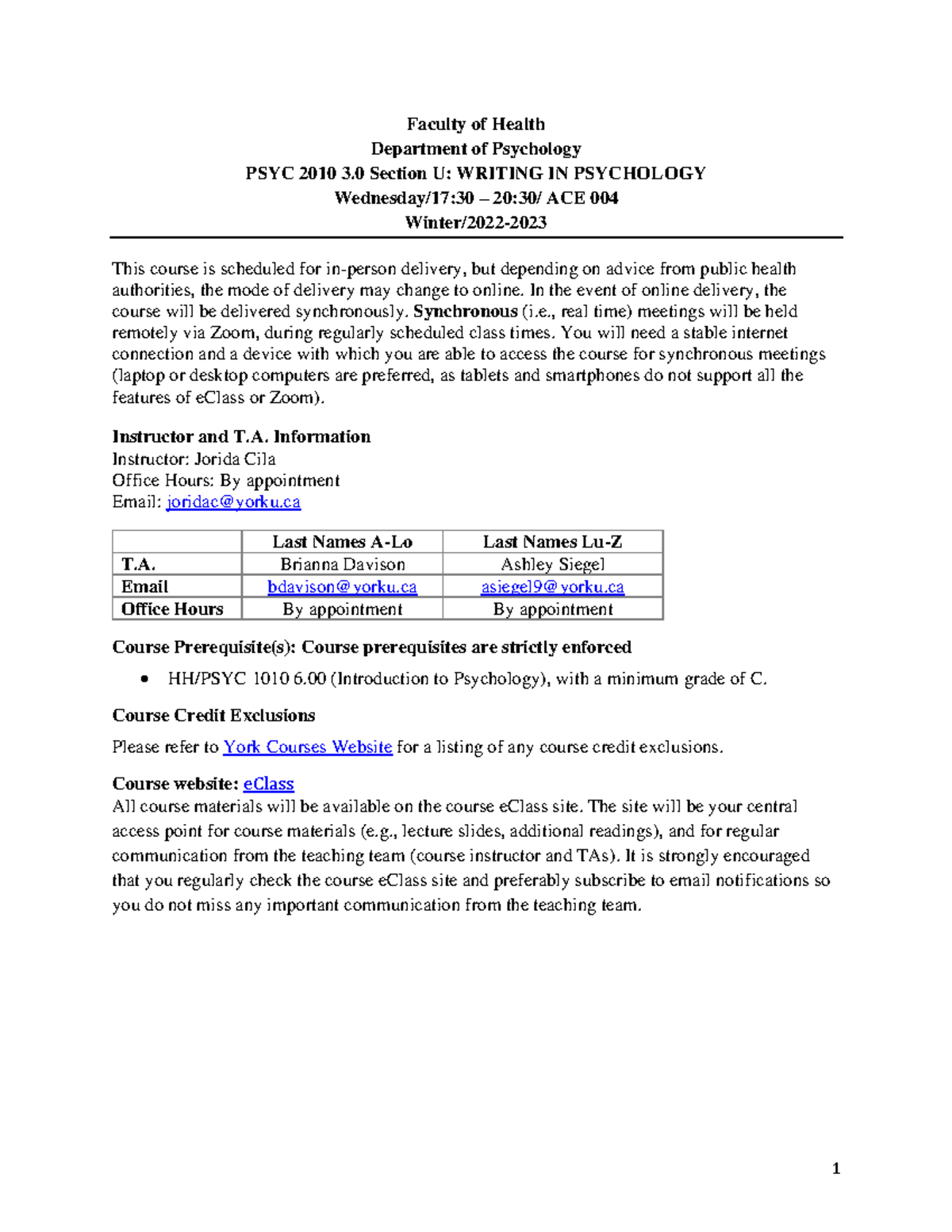 PSYC-2010 U W2023-Cila - Faculty of Health Department of Psychology PSYC 2010 3 Section U ...