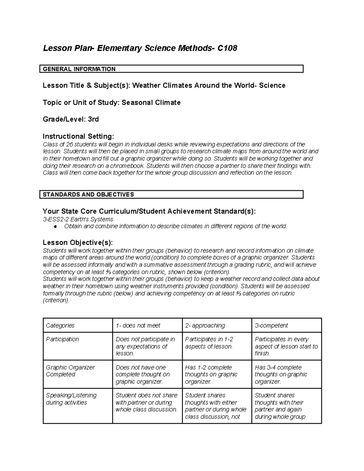 C108 Task 1 - Task 1 - Lesson Plan- Elementary Science Methods- C ...