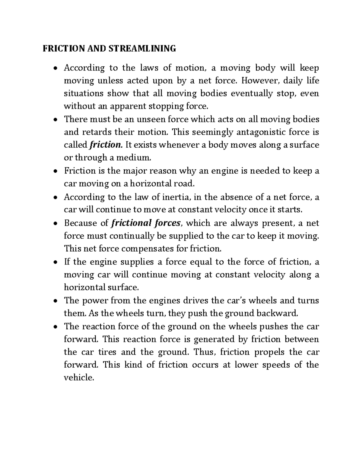 Friction and Streamlining - FRICTION AND STREAMLINING According to the ...