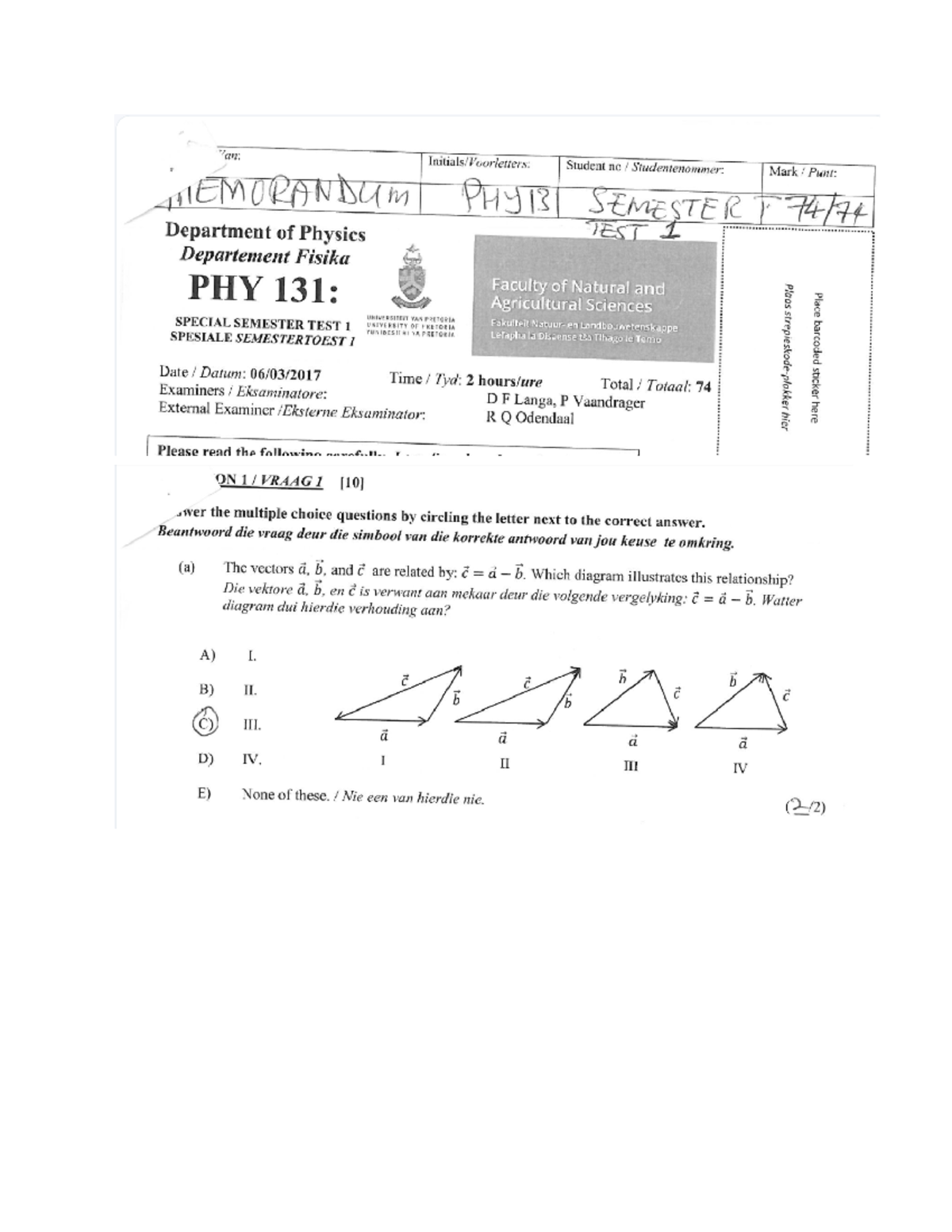 Memo Phy131 Sem Test 1 2017 Google Docs Van Initials Voorletters