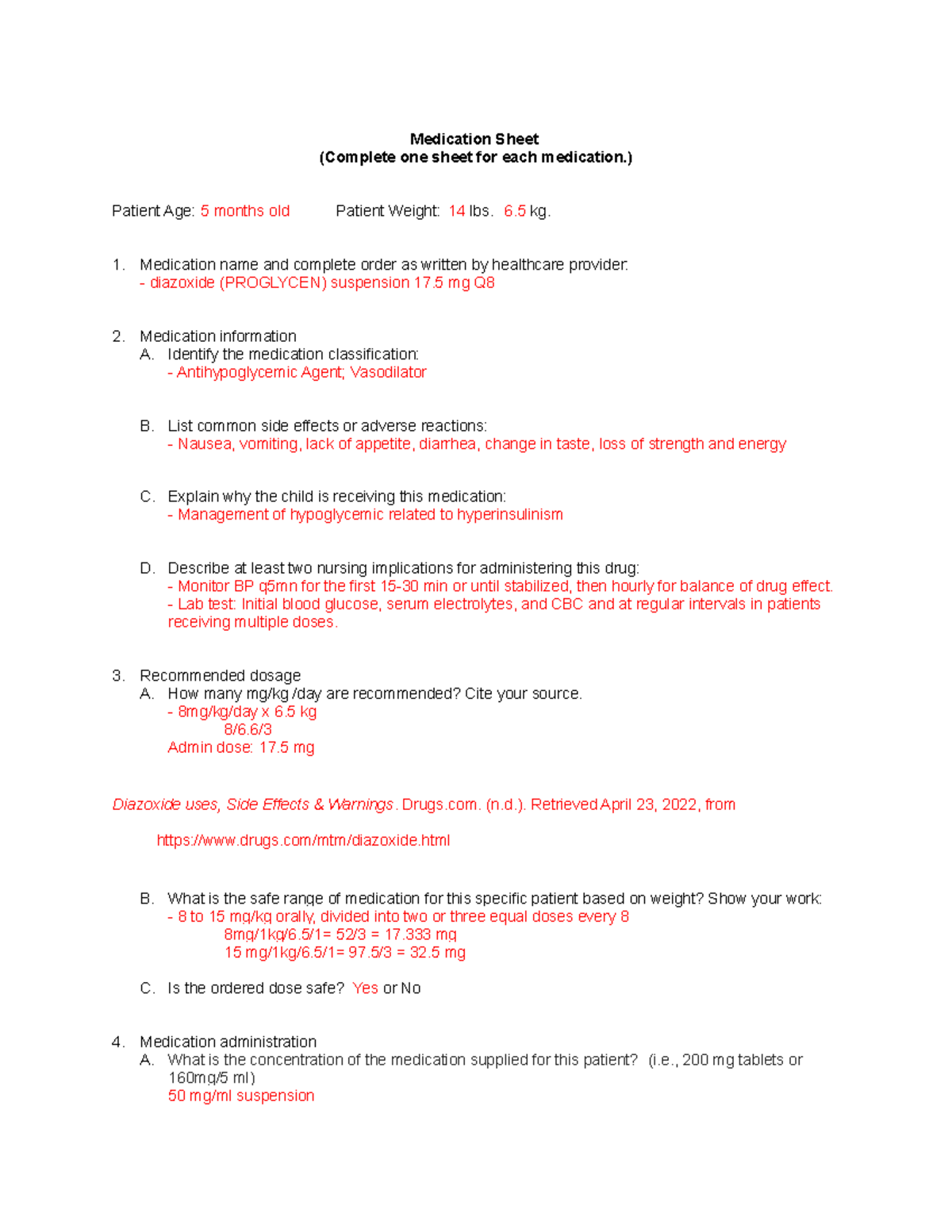 Peds CCU Meds - Helpful notes - Medication Sheet (Complete one sheet ...