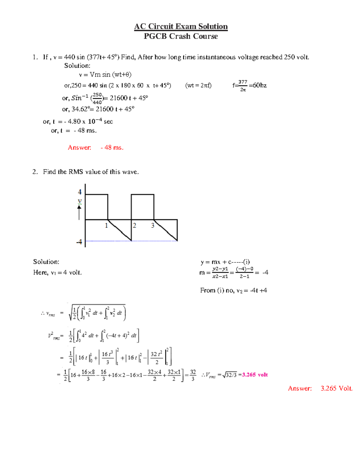 AC Circuit Exam Solution - If , v = 440 sin (377t+ 45o) Find, After how ...