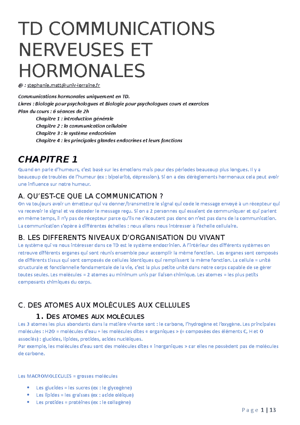 TDs - TD de comm neuropsycho L2 - TD COMMUNICATIONS NERVEUSES ET HORMONALES @ : - Studocu