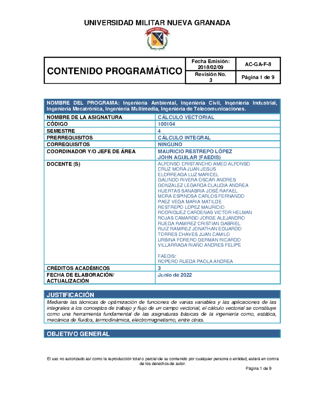 Contenido Programatico - CONTENIDO PROGRAMÁTICO Fecha Emisión: 2018/02/ AC-GA-F- Revisión No. 3 ...