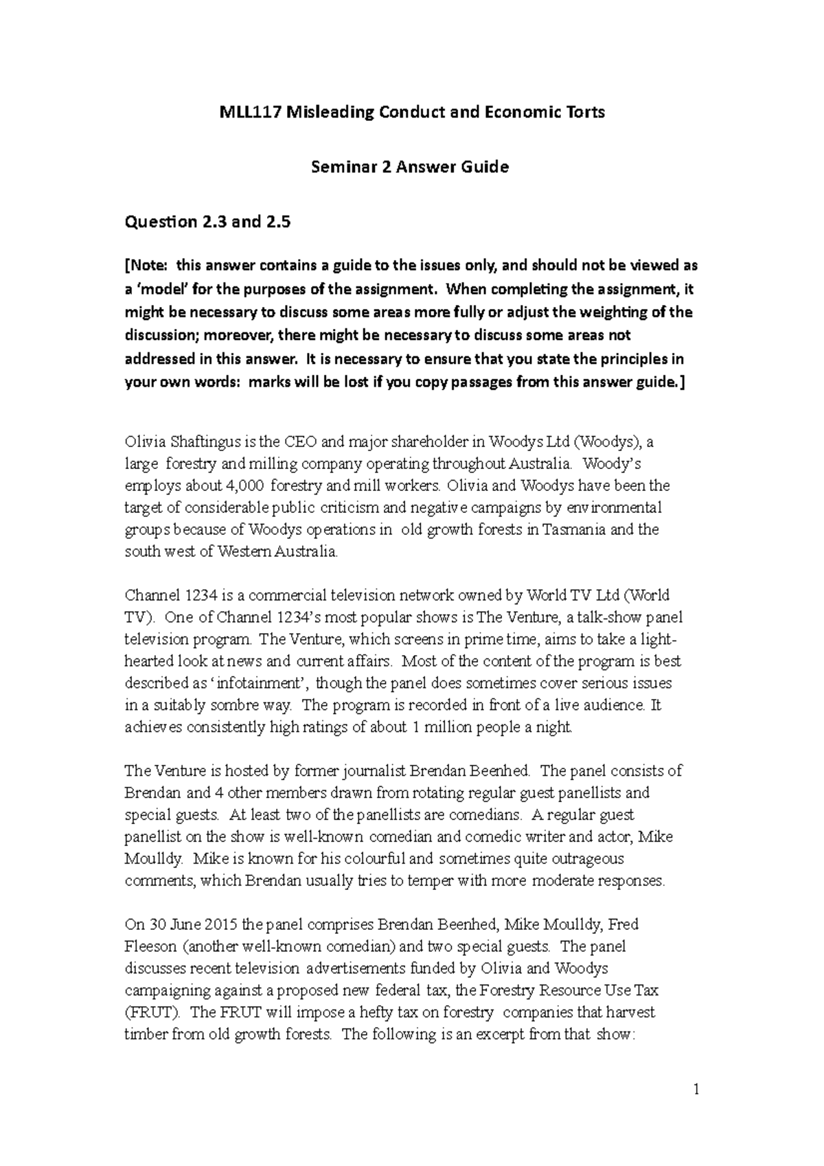 Seminar answer guides - MLL117 Misleading Conduct and Economic Torts ...