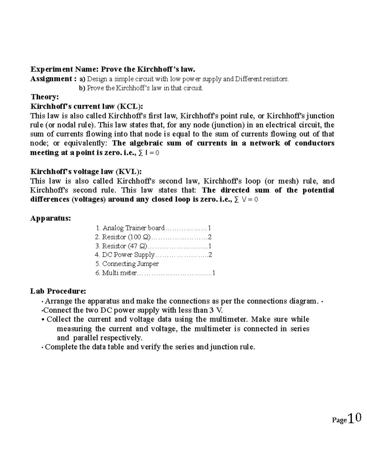 Phylabexp 2 - physic Lab - Experiment Name: Prove the Kirchhoff’s law. Assignment : a) Design a ...