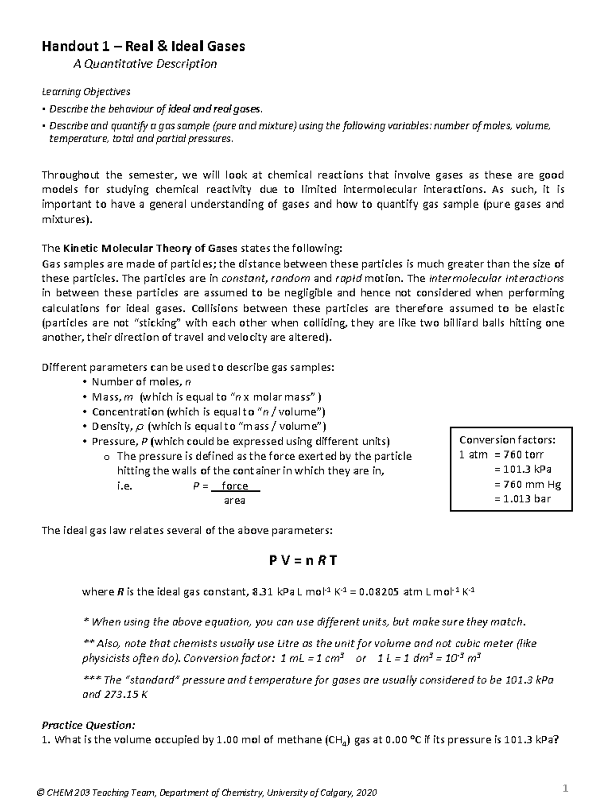 Chemistry Summary on Gases - © CHEM 203 Teaching Team, Department of ...