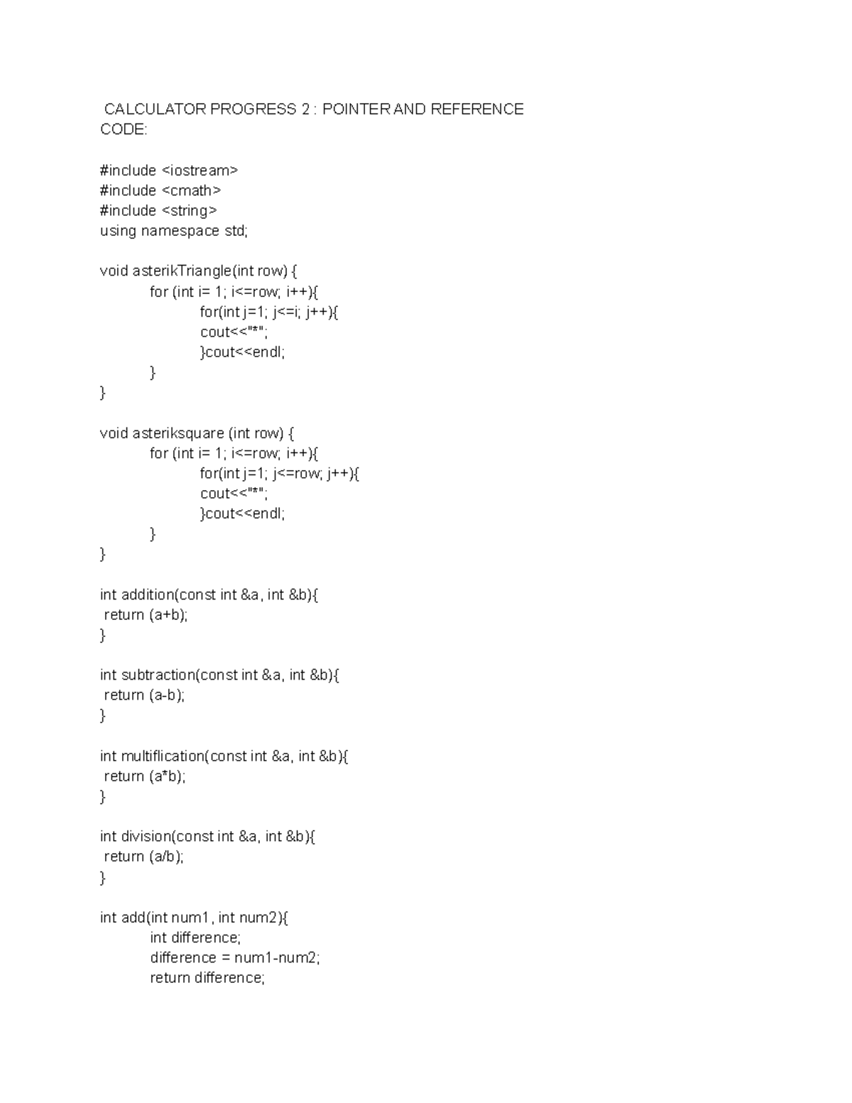 Untitled document - CALCULATOR PROGRESS 2 : POINTER AND REFERENCE CODE: #include #include # ...