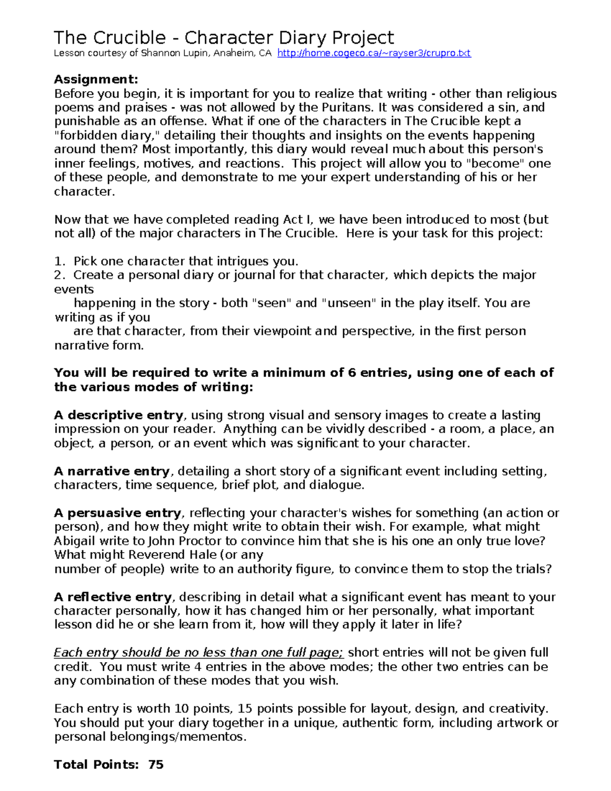 Honors diary assignment - The Crucible - Character Diary Project Lesson ...
