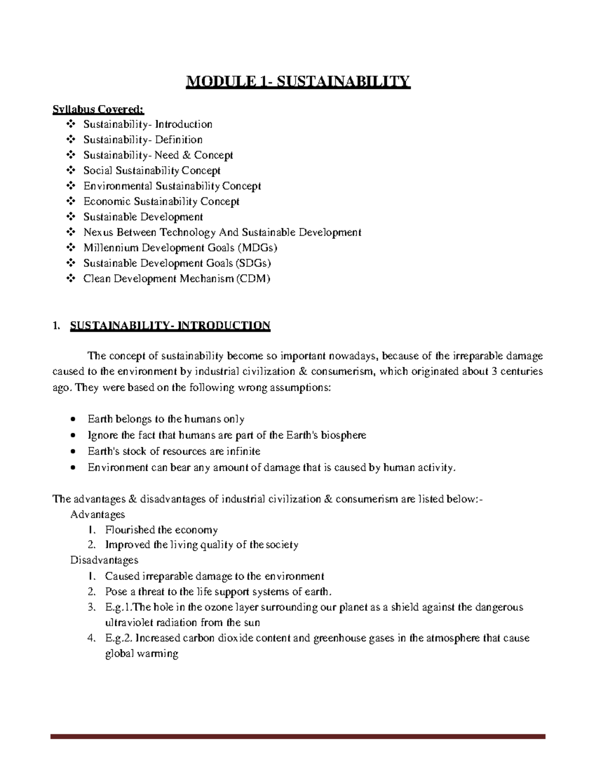 M1 - NOTES - Syllabus Covered: MODULE 1- SUSTAINABILITY Sustainability ...