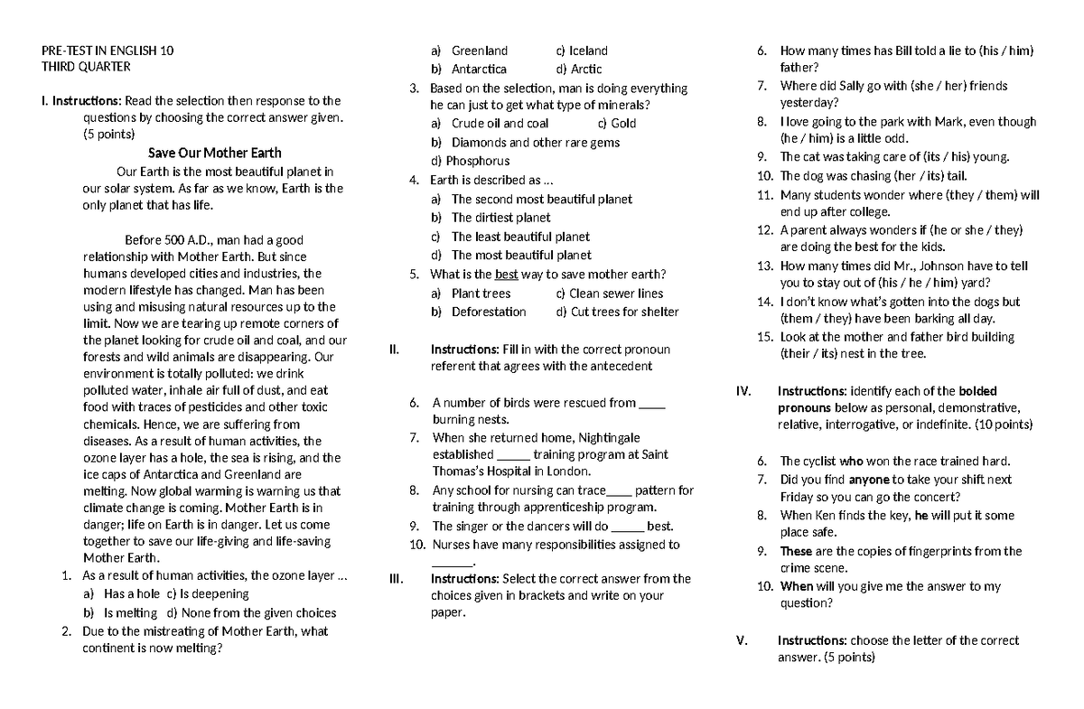 Pretest English 10 Third Quarter - PRE-TEST IN ENGLISH 10 THIRD QUARTER ...
