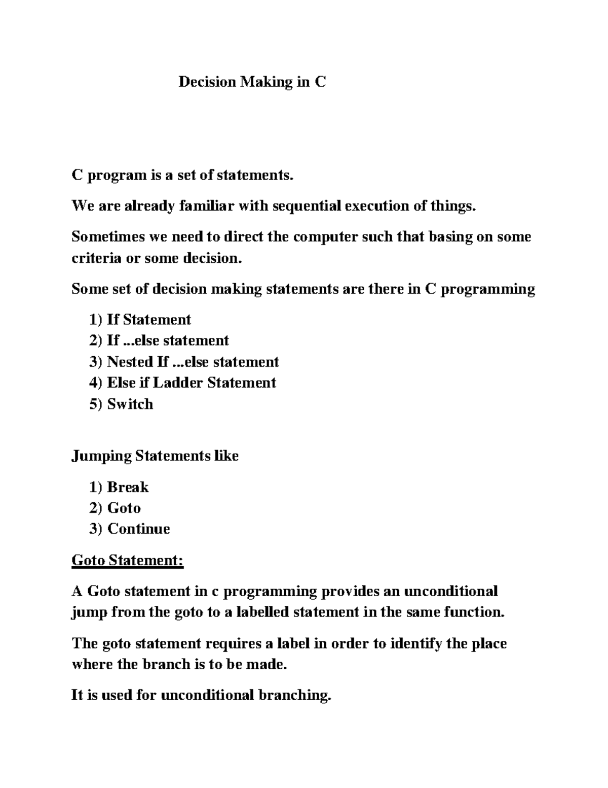 Unit2 - Decision Making in C - COMPUTER SCIENCE AND ENGINEERING - Studocu