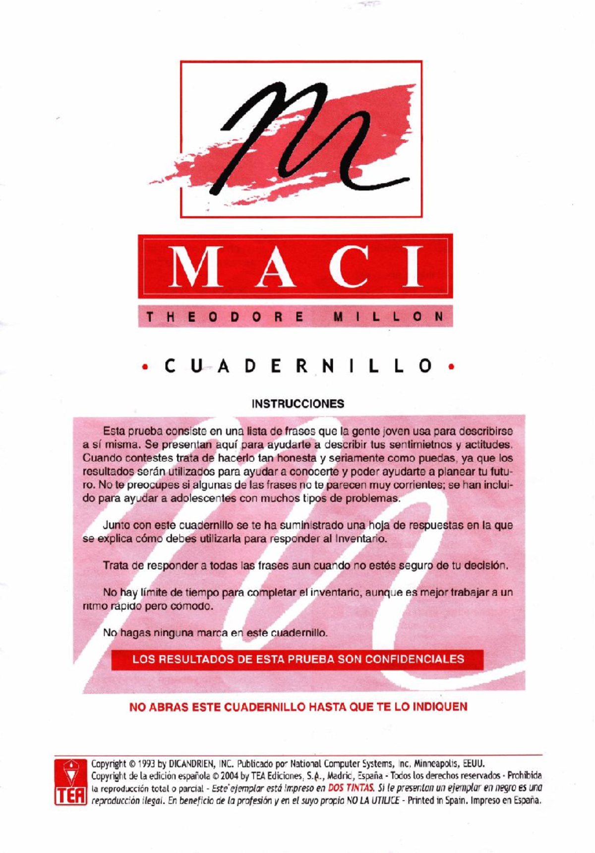 Cuadernillo MACI Compressed - M M A C I THEODORE M I L L o N CUADERNILLO INSTRUCCIONES Esta ...