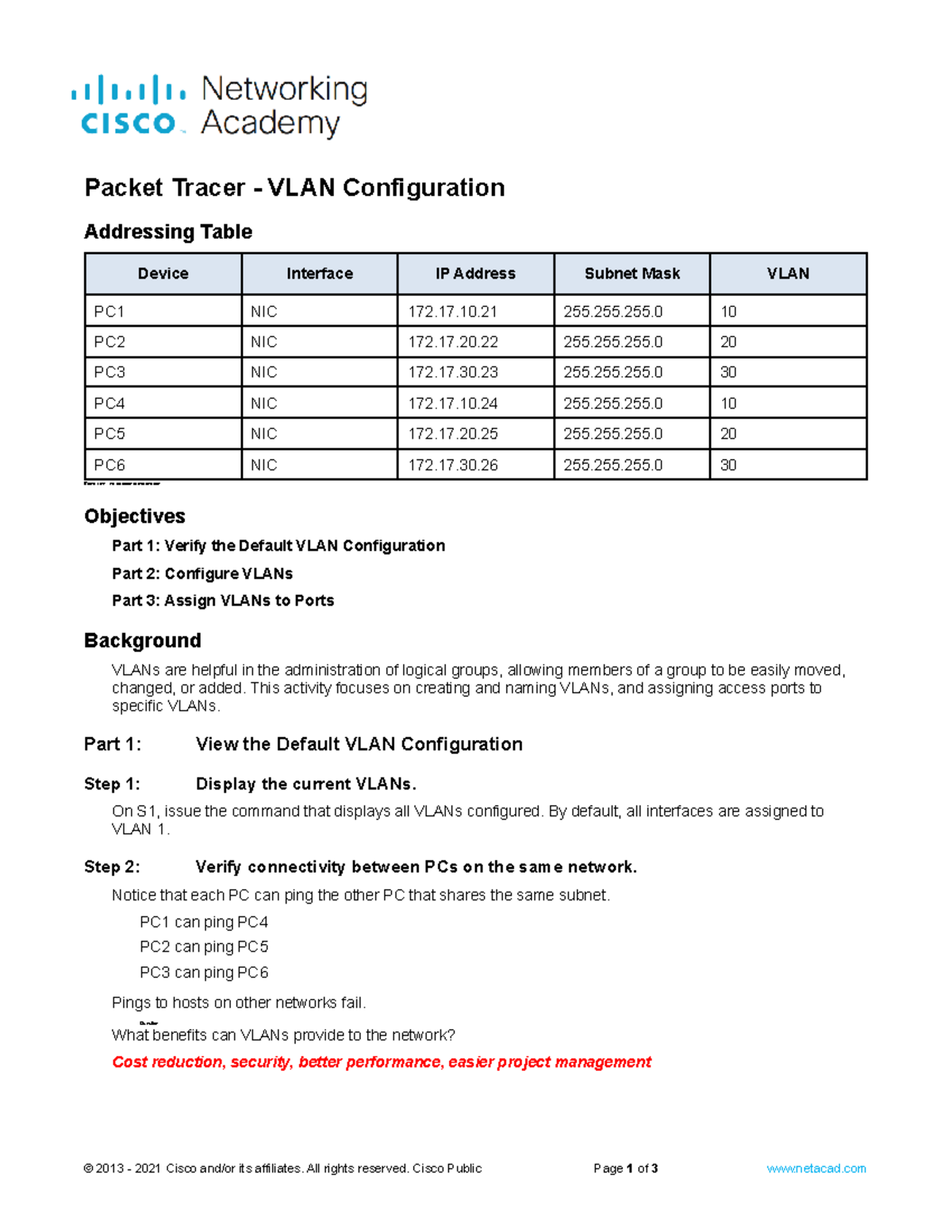 3 - aaaa - Packet Tracer - VLAN Configuration Addressing Table Device ...