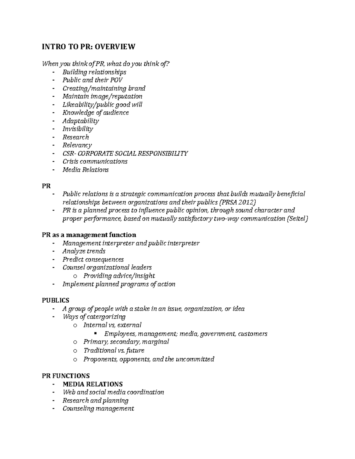 Intro to PR - notes on the first chapters of the seitel textbook ...