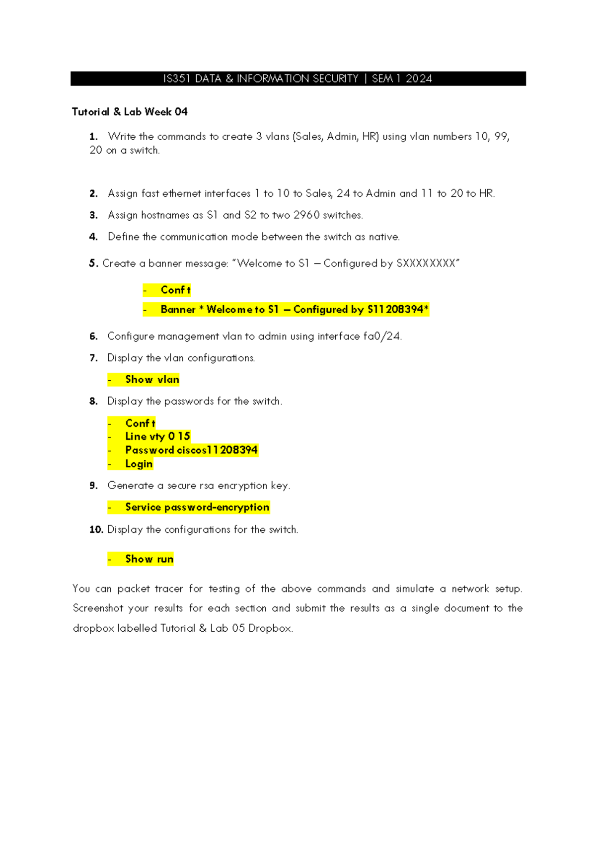 S11208394 Tutorial And Lab 05 Solution Is351 Data And Information Security Sem 1 2024 Tutorial
