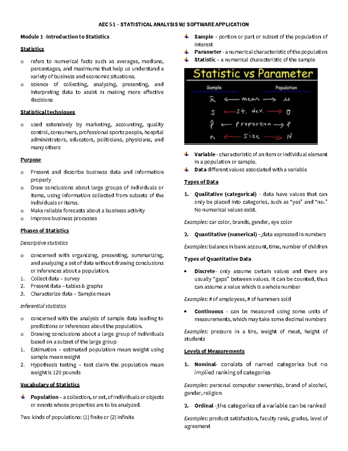 AEC 51- MOD 1 - Statistics - AEC 51 – STATISTICAL ANALYSIS W/ SOFTWARE APPLICATION Module 1 ...