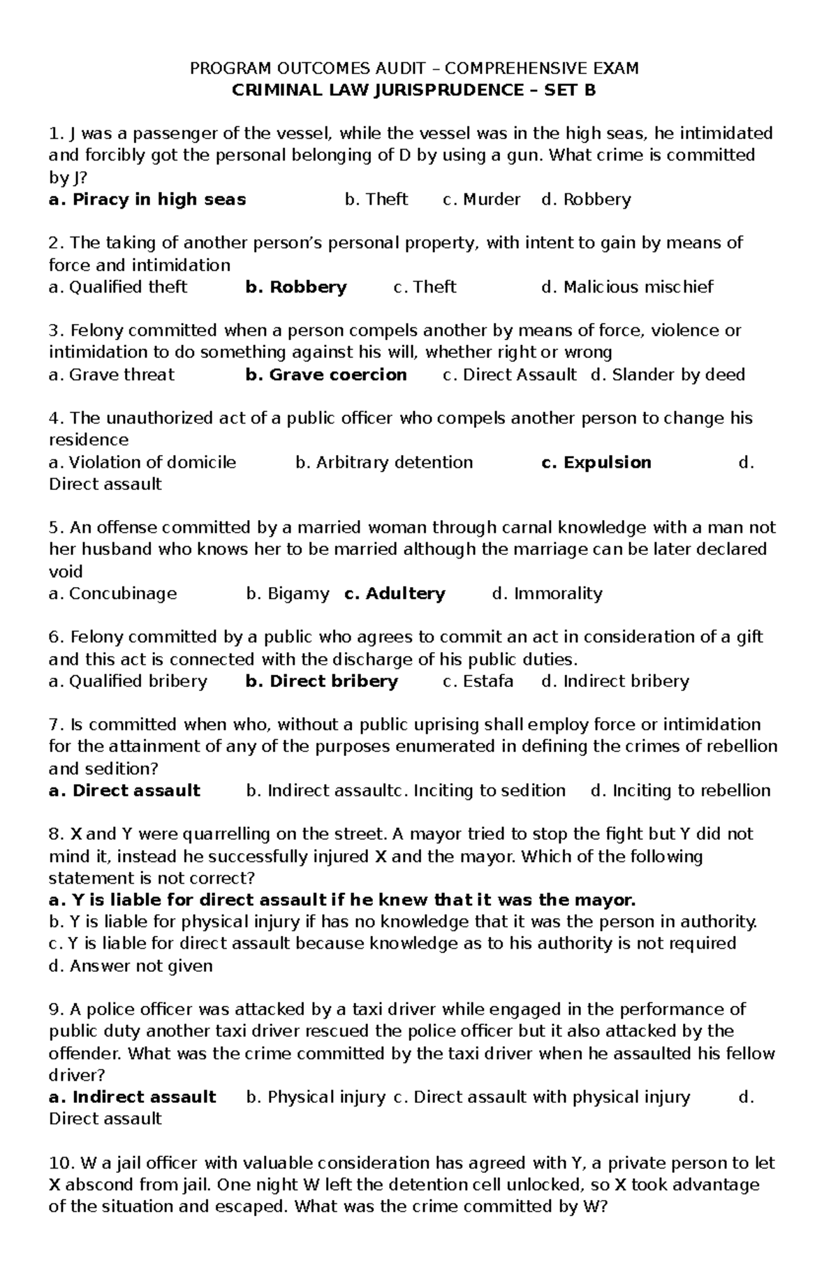 Criminal LAW Jurisprudence SET B - PROGRAM OUTCOMES AUDIT ...