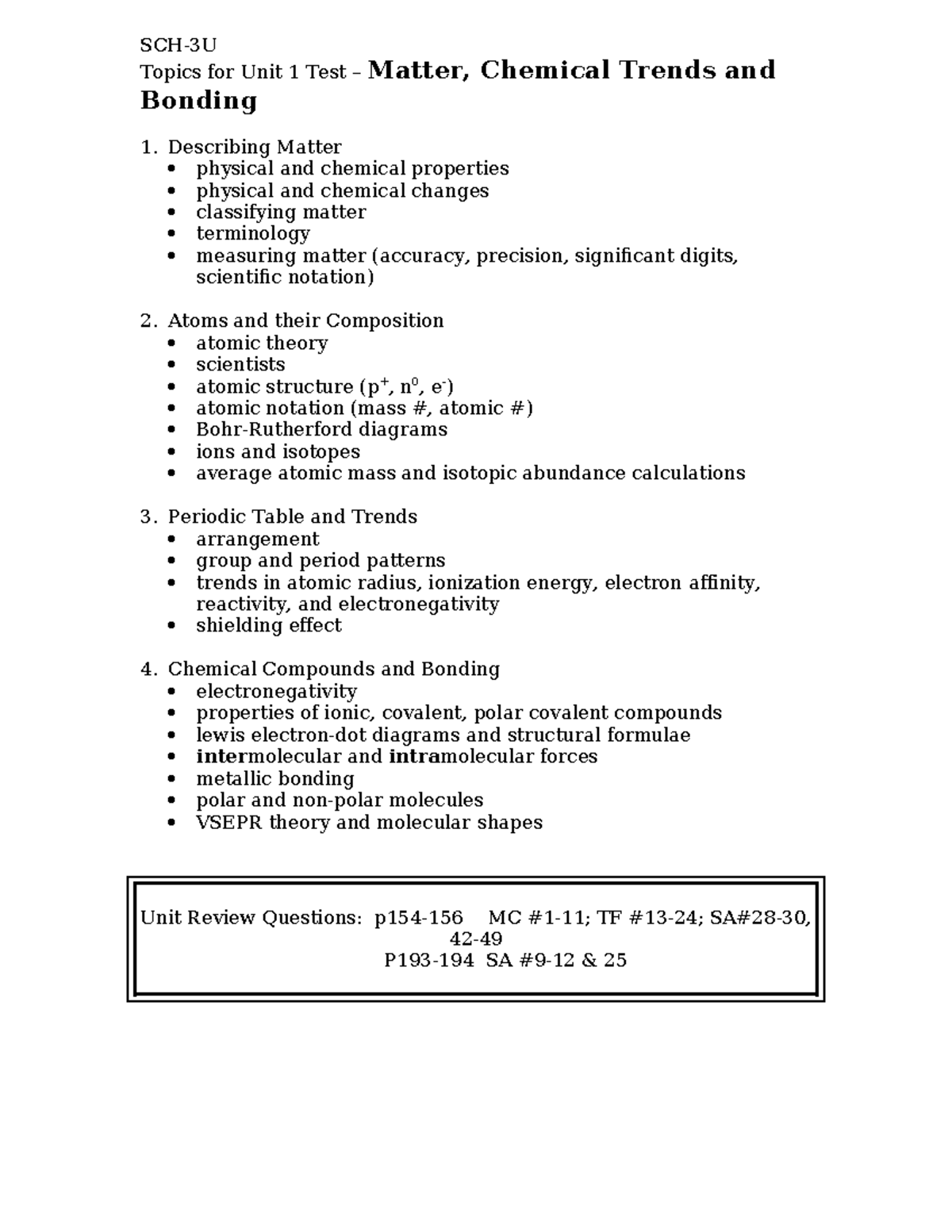 16 - Unit 1 Review Outline 2016 - SCH-3U Topics for Unit 1 Test ...