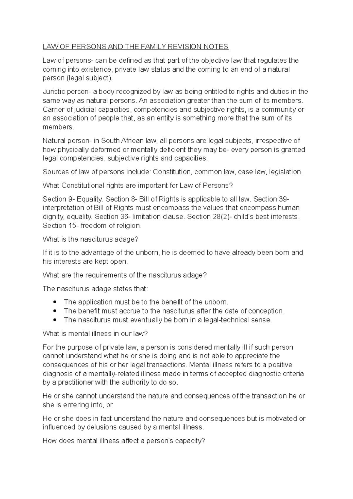 LAW OF Persons AND THE Family Revision Notes - LAW OF PERSONS AND THE ...