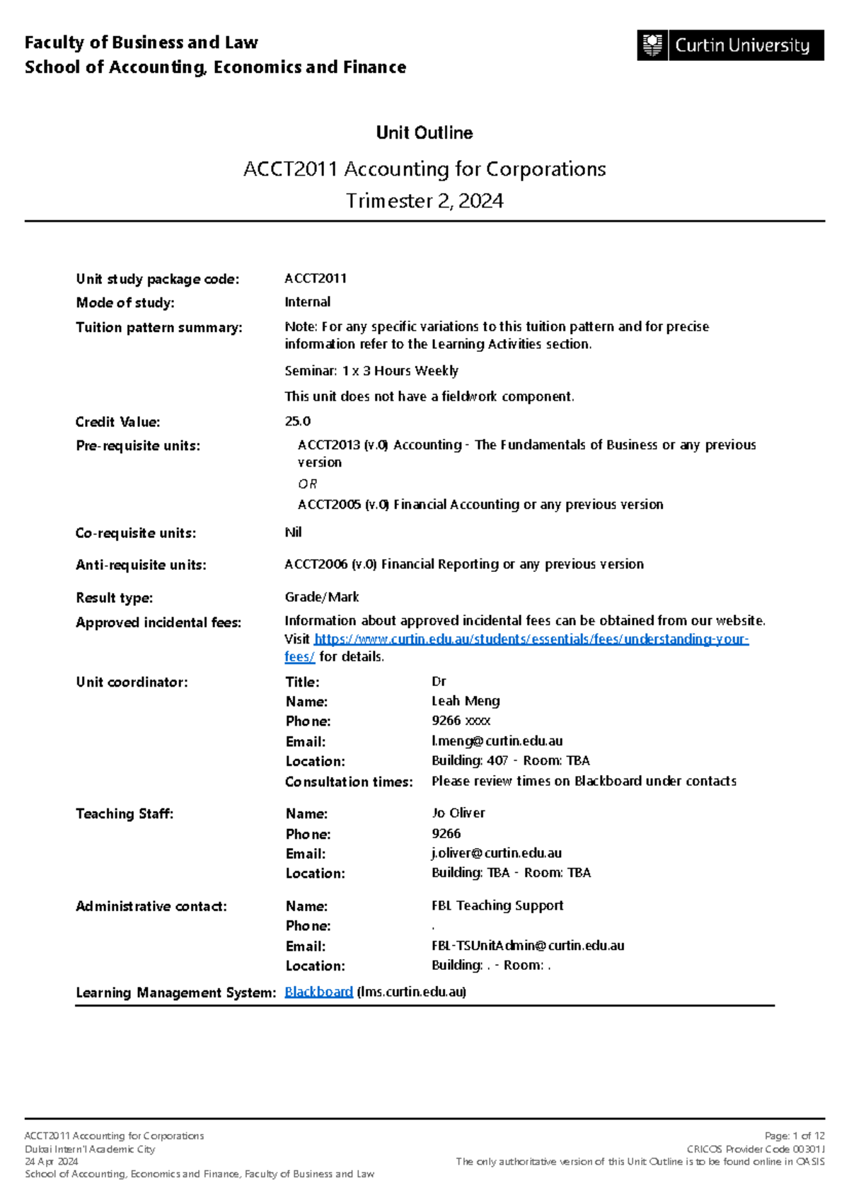 ACCT2011 Accounting for Corporations Trimester 2 2024 Dubai Intern'l ...