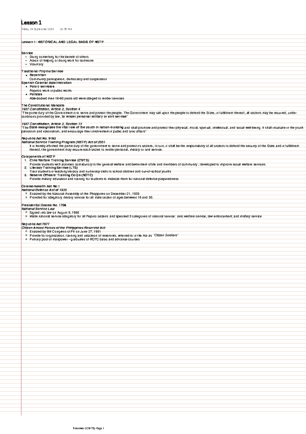 Reviewer (CWTS) - Lesson 1: HISTORICAL AND LEGAL BASIS OF NSTP Doing ...