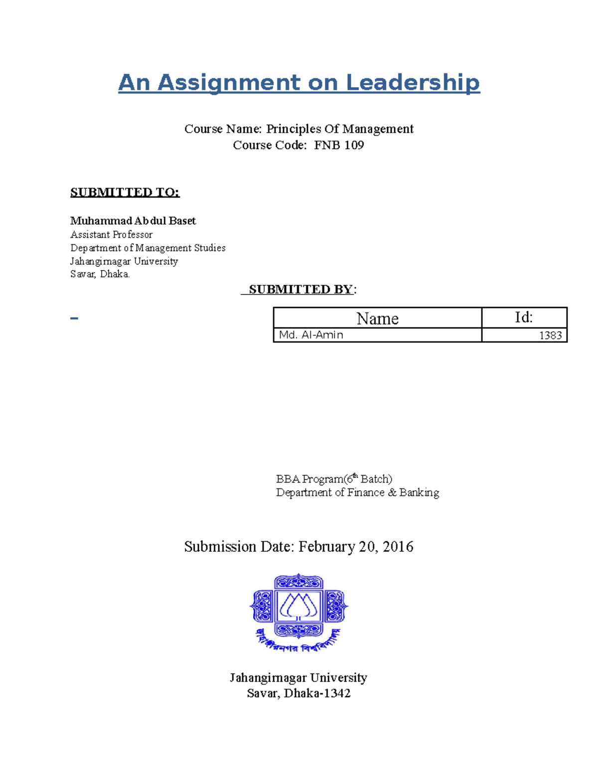 Summary of Leadership - An Assignment on Leadership Course Name ...