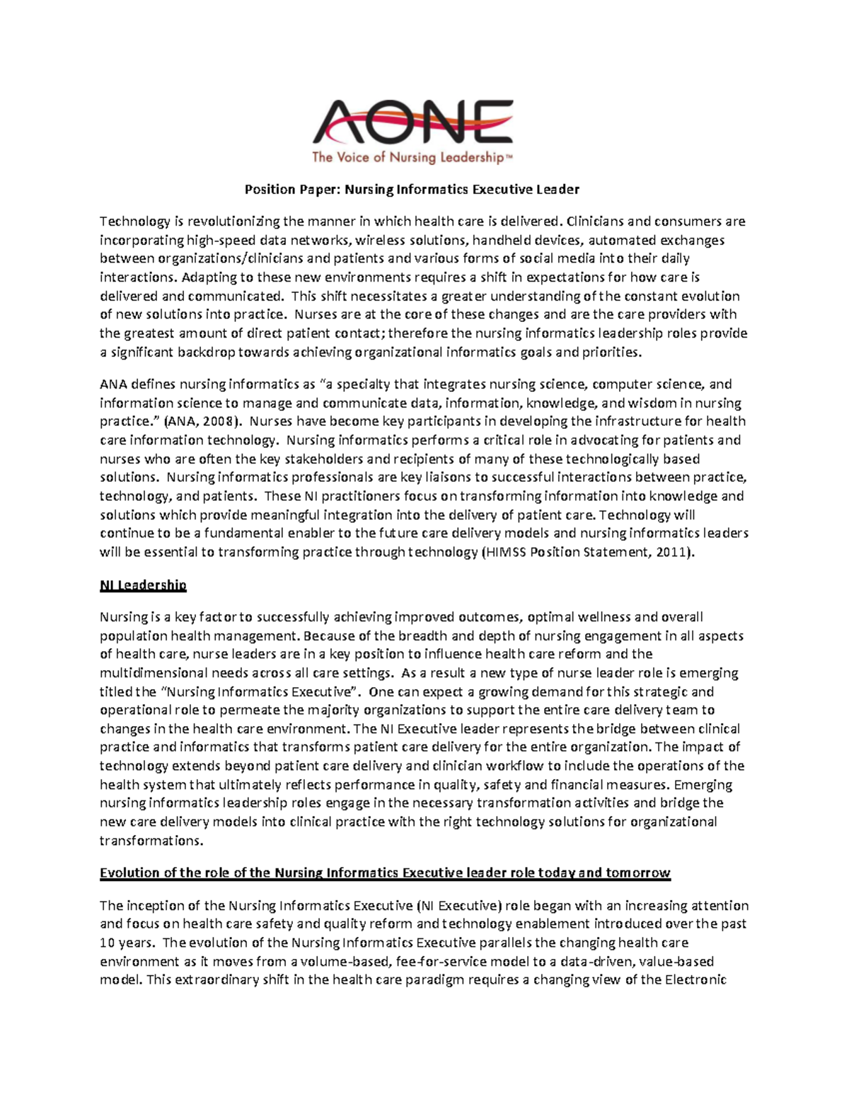 Informatics-executive-leader - Position Paper: Nursing Informatics ...