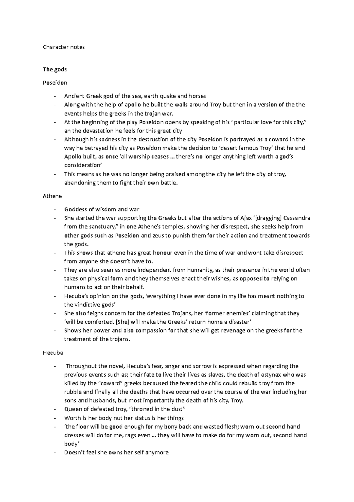 Women of Troy Notes - Character notes The gods Poseidon - Ancient Greek ...