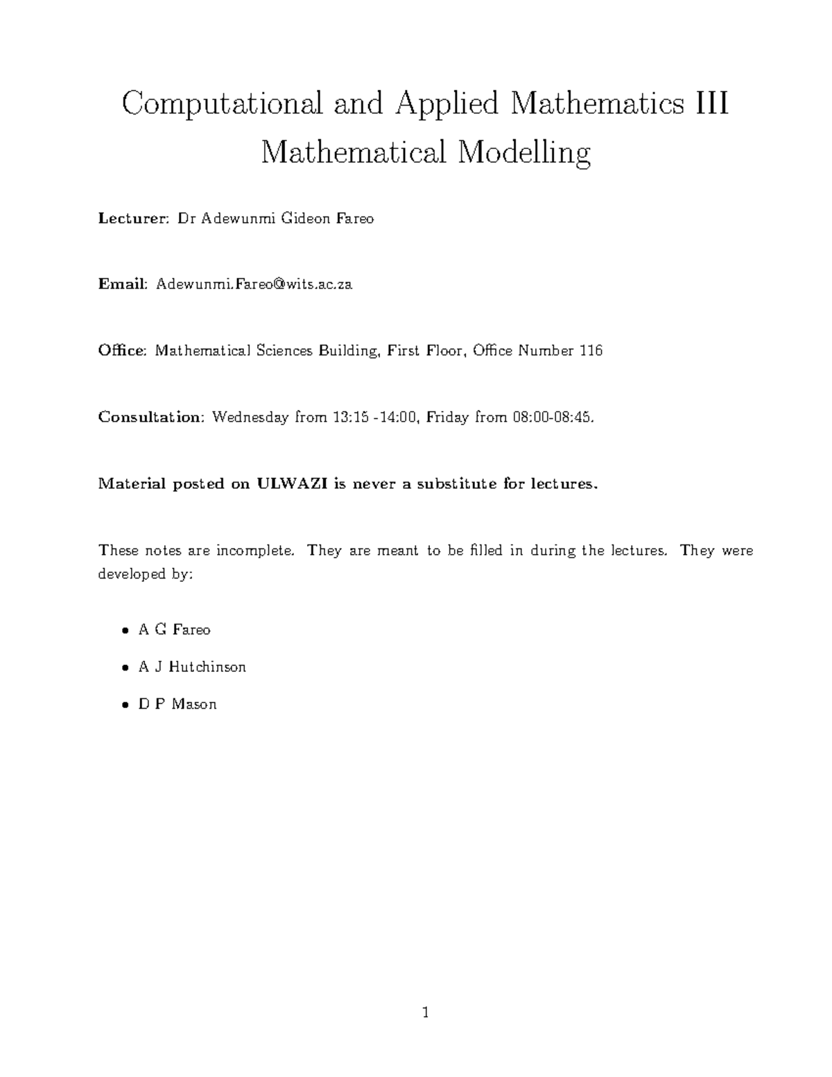 Modelling CAM 3 notes - Computational and Applied Mathematics III ...