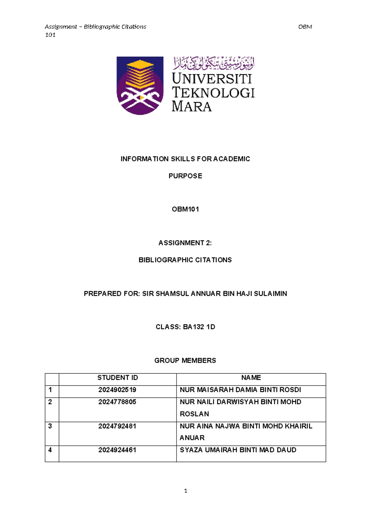Assignment 2 OBM101 - 101 INFORMATION SKILLS FOR ACADEMIC PURPOSE OBM ...