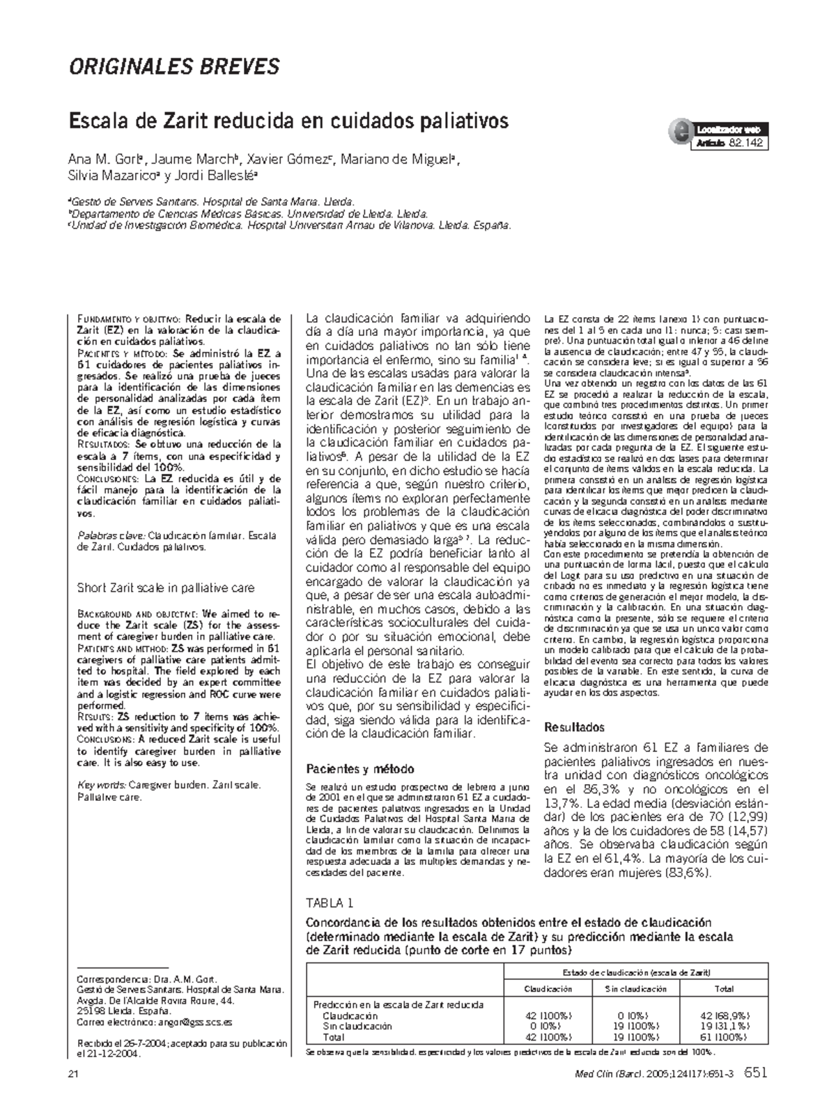 Escala de Zarit reducida - 82. Correspondencia: Dra. A. Gort. Gestió de ...