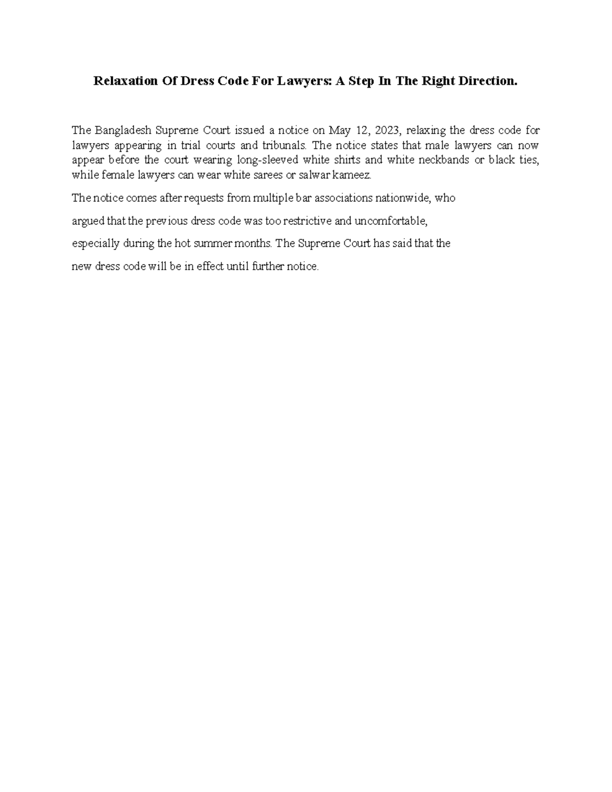 Relaxation Of Dress Code For Lawyers - Business Law - DU - Studocu