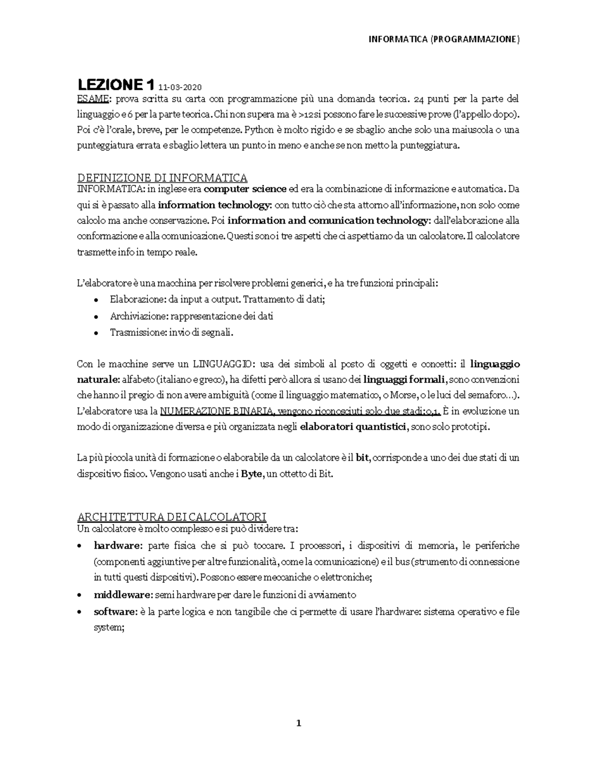 Informatica - appunti completi lezione per lezione degli argomenti - LEZIONE 1 11-03- ESAME ...