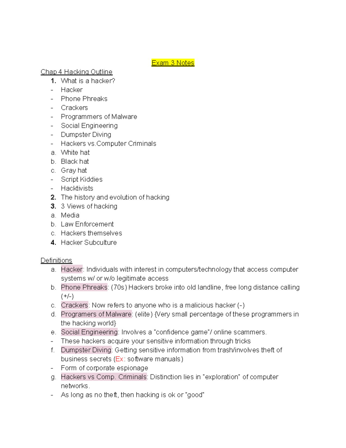 Digital Crime Exam 3 Notes - Exam 3 Notes Chap 4 Hacking Outline 1 ...