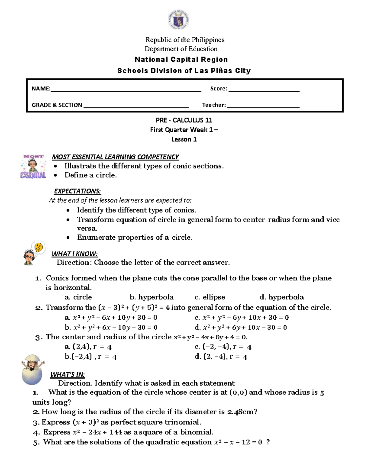 Precal- Module-1- First- Quarter - NAME: Score: GRADE & SECTION Teacher ...