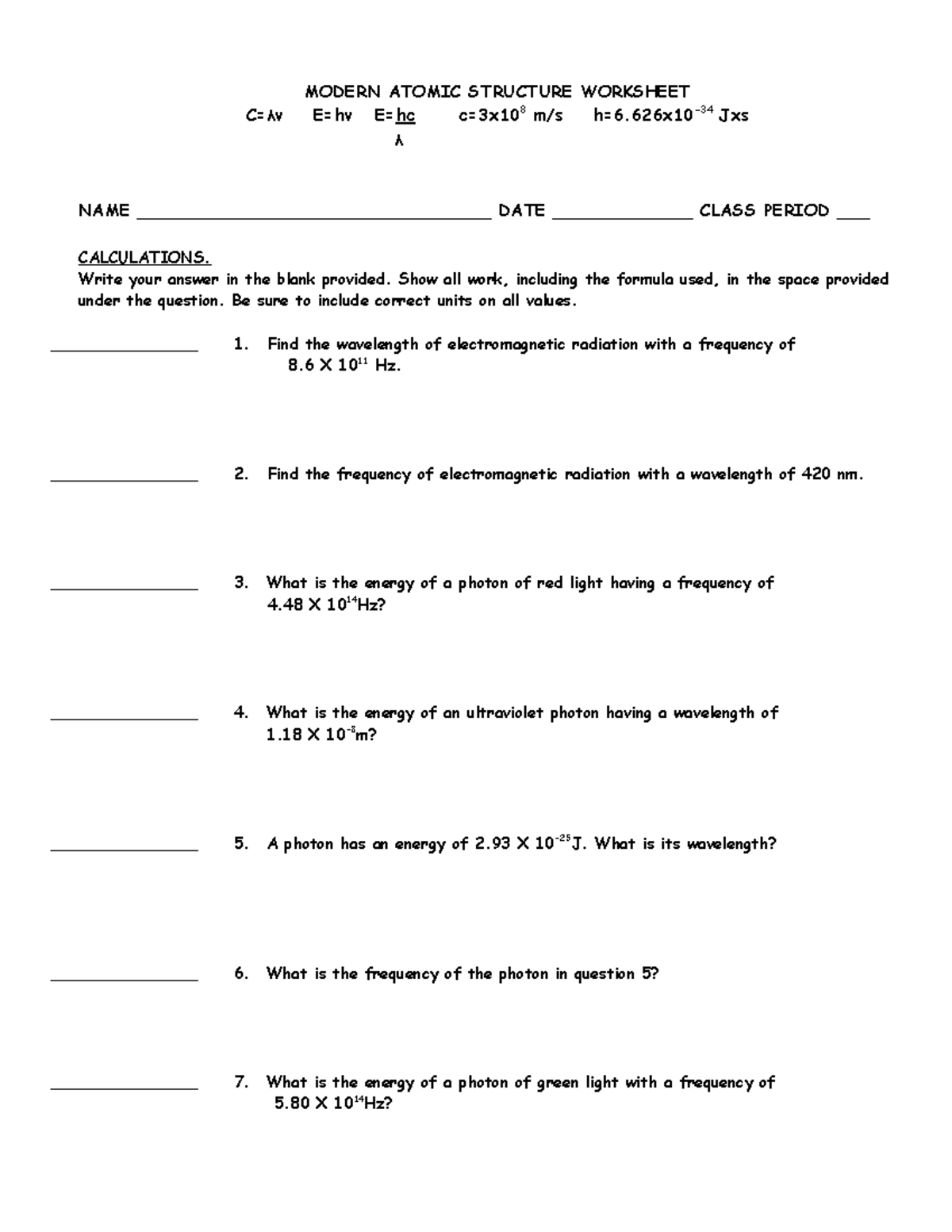 Modern Atomic Structure Worksheet - MODERN ATOMIC STRUCTURE WORKSHEET C ...