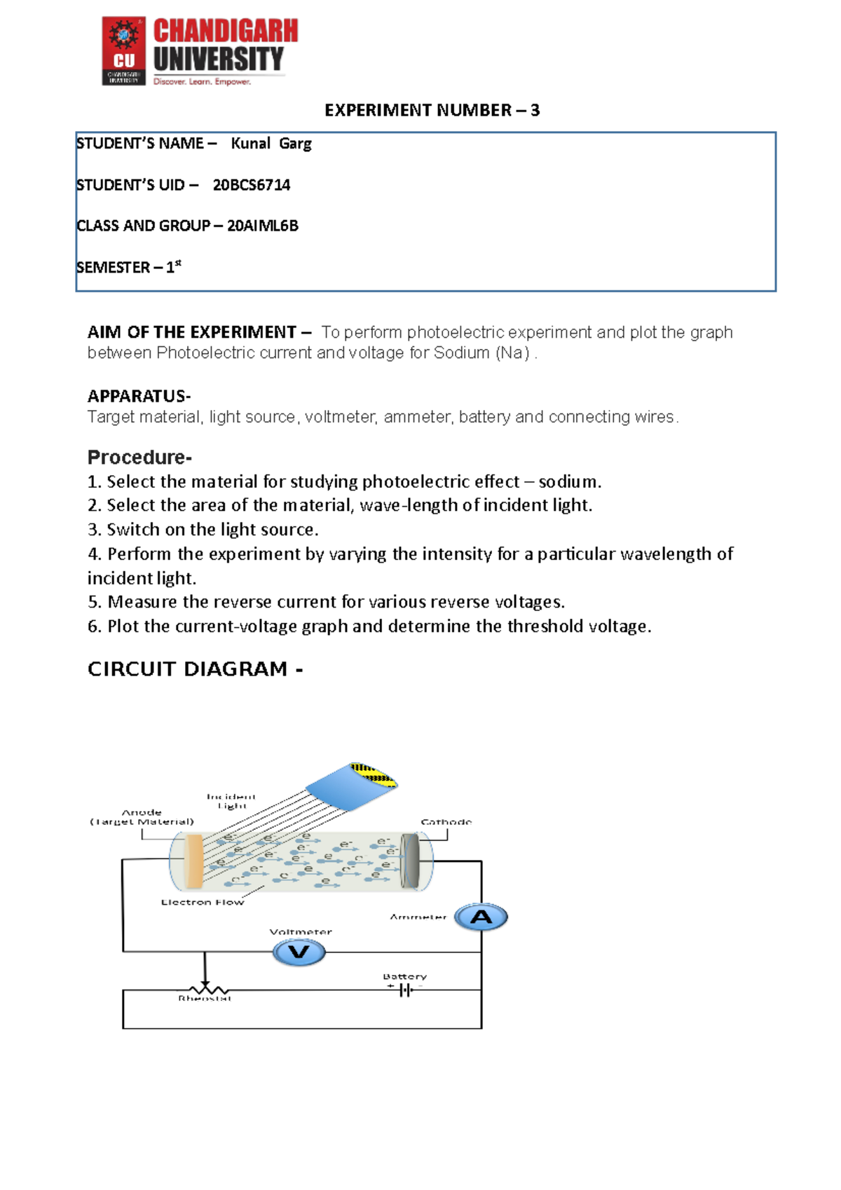 Photoelectric Effect - notes of the lecture - EXPERIMENT NUMBER – 3 AIM ...
