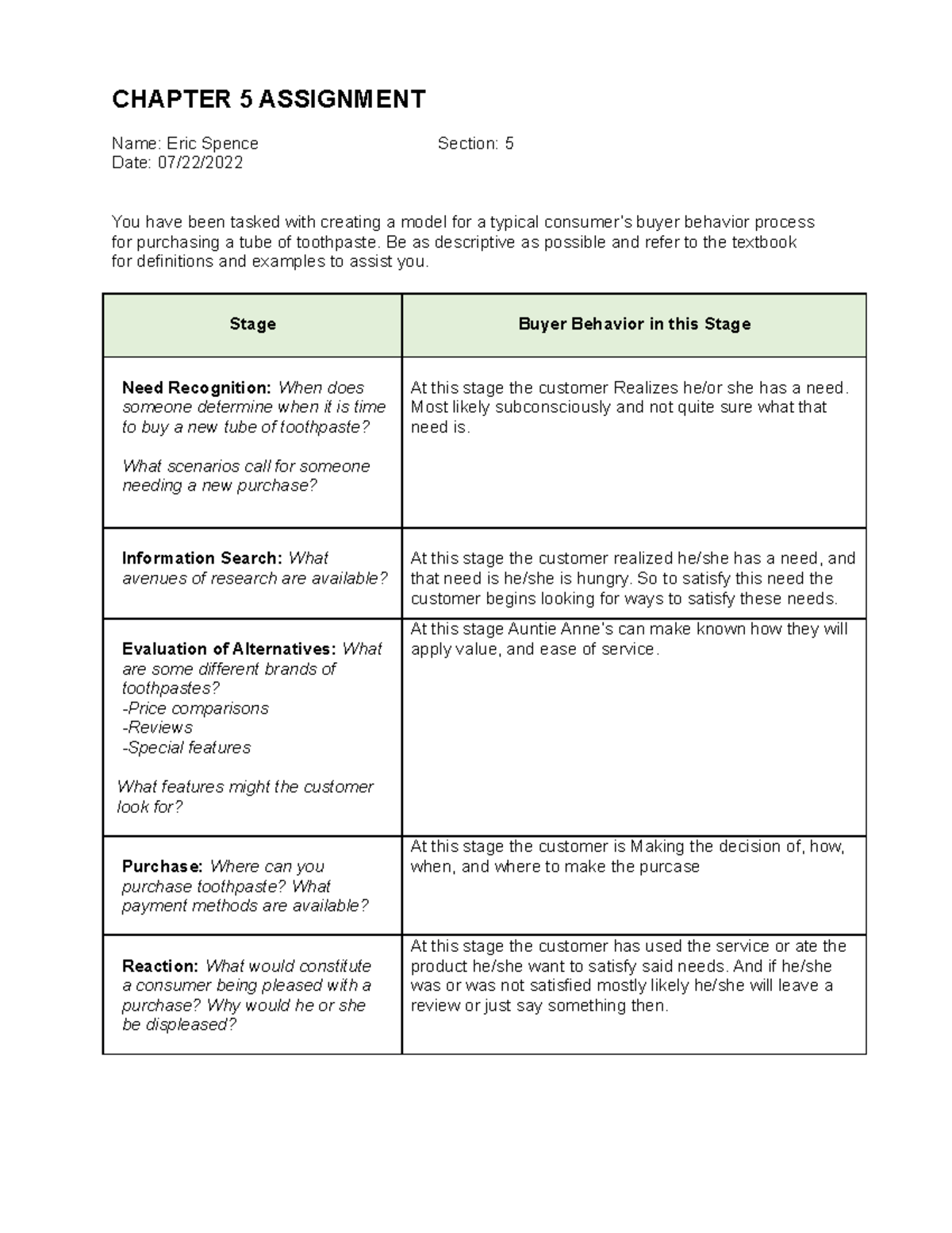 Chapter 5 Assignment (1)-1 - CHAPTER 5 ASSIGNMENT Name: Eric Spence ...