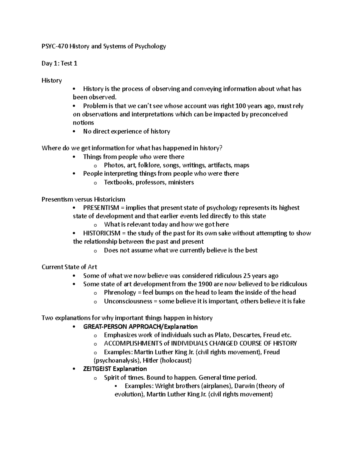 PSYC-470 Day 1 - Lecture notes 1 - PSYC-470 History and Systems of ...