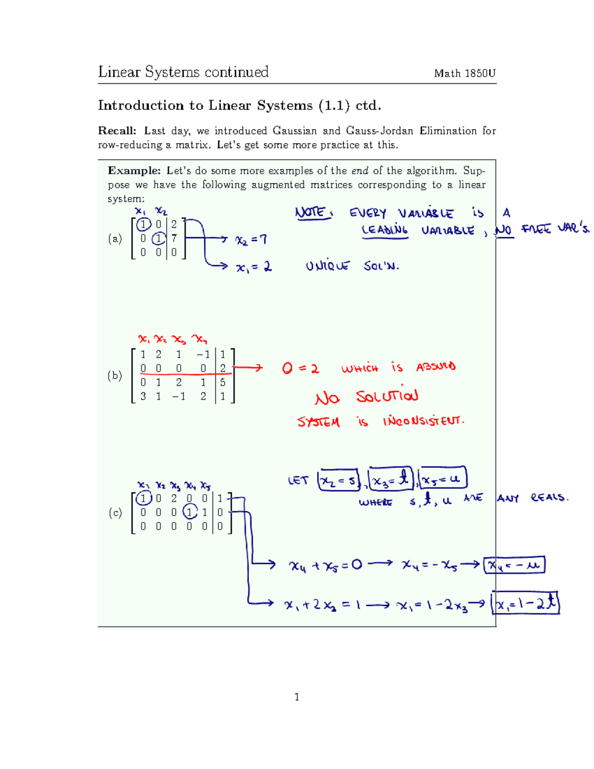 1850 Lecture 3 Mihai - notes - Linear Systems continued Math 1850U ...