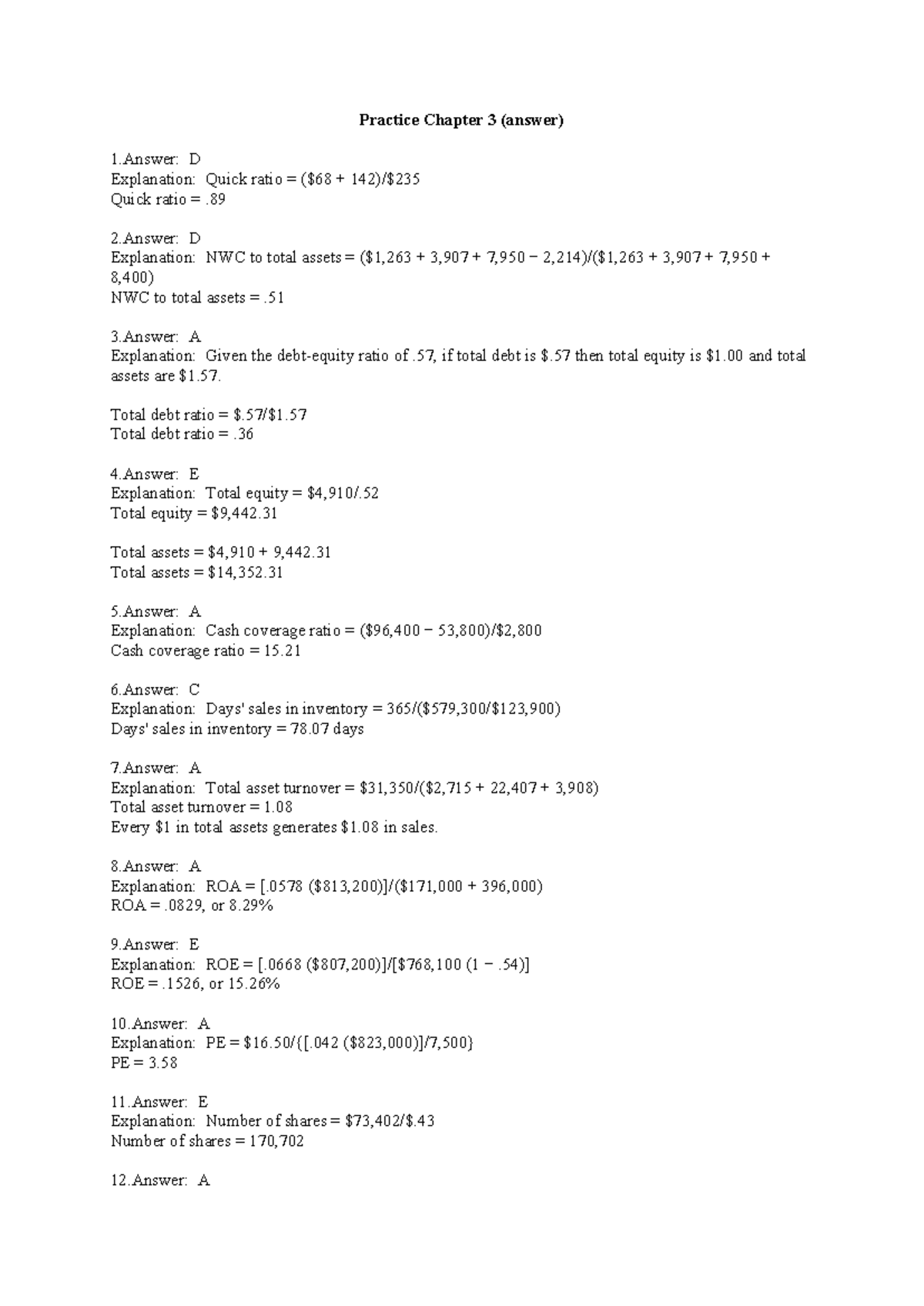 Chapter 3 question and answer - Practice Chapter 3 (answer) 1: D ...