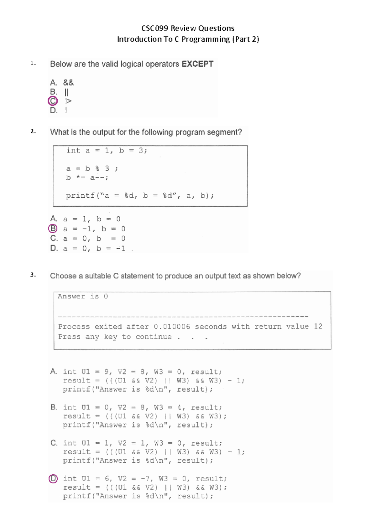 Tutorial 2 - Physics Engineering - CSC099 Review Questions Introduction To C Programming (Part 2 ...