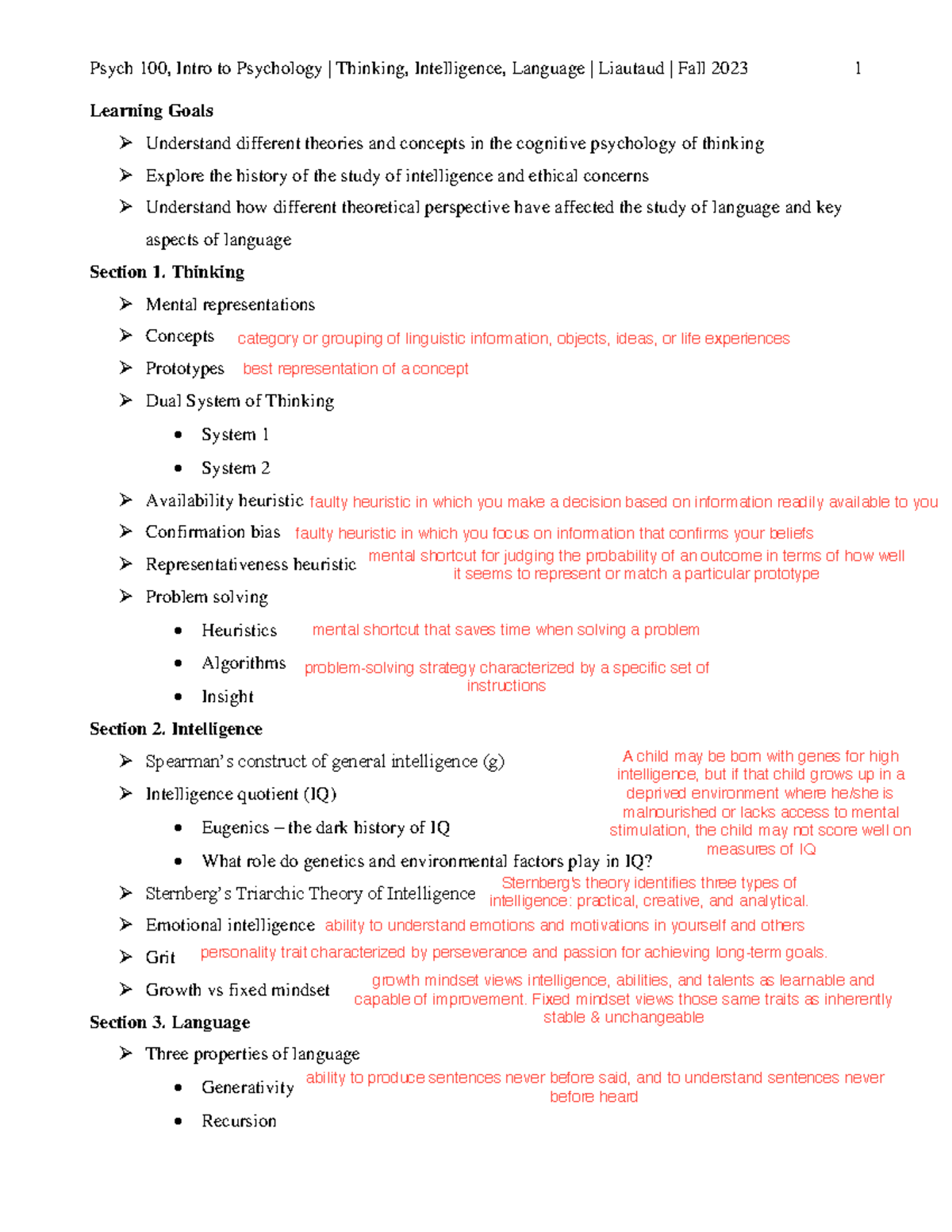 KIT chapter 7 copy - notes - Psych 100, Intro to Psychology | Thinking ...